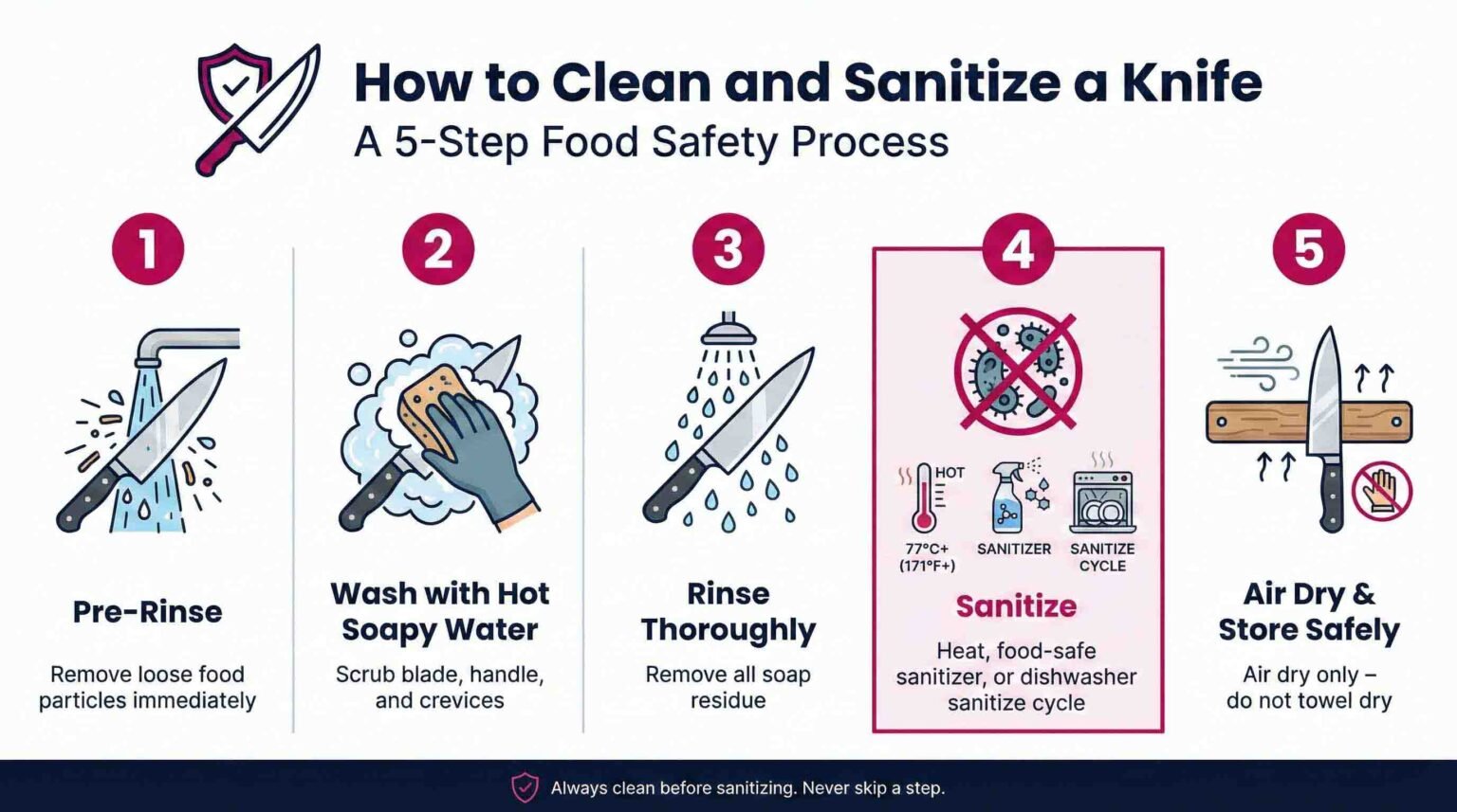When must a Knife Be Cleaned and Sanitized in the Kitchen?